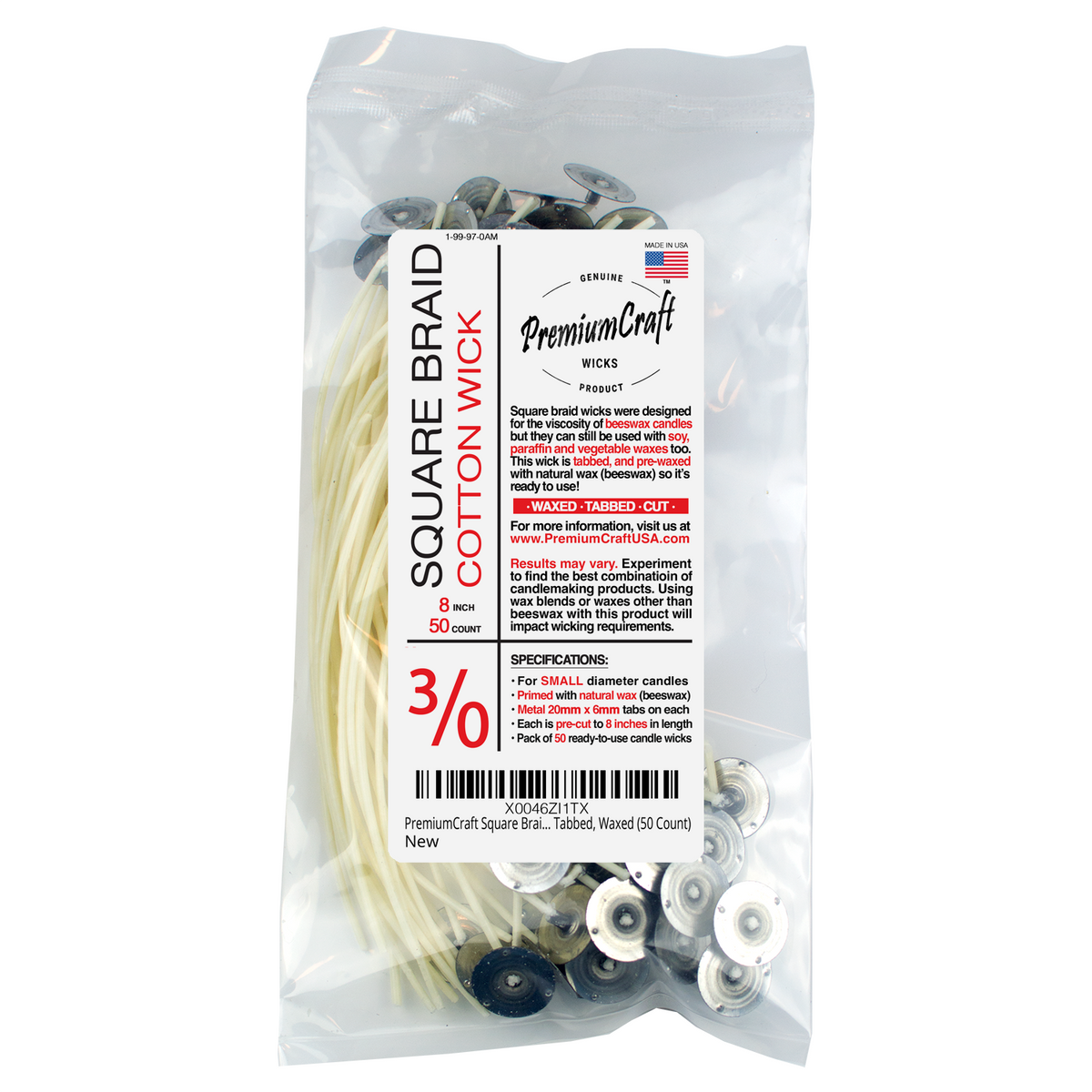 PremiumCraft Square Braid Cotton Candle Wick - #3/0, Tabbed, Waxed (50